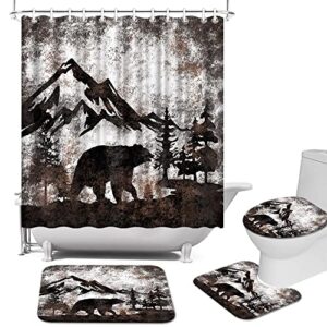 atgowac 4 piece bear shower curtain sets with rugs, bear bathroom set rustic bear bath mat forest wild animal bear painting prints farmhouse cabin shower curtain bathroom decor