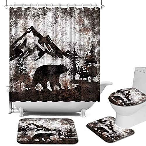 AtGoWac 4 Piece Bear Shower Curtain Sets with Rugs, Bear Bathroom Set Rustic Bear Bath Mat Forest Wild Animal Bear Painting Prints Farmhouse Cabin Shower Curtain Bathroom Decor