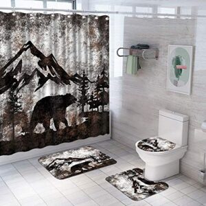 AtGoWac 4 Piece Bear Shower Curtain Sets with Rugs, Bear Bathroom Set Rustic Bear Bath Mat Forest Wild Animal Bear Painting Prints Farmhouse Cabin Shower Curtain Bathroom Decor