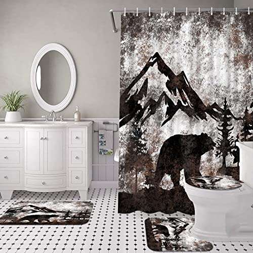 AtGoWac 4 Piece Bear Shower Curtain Sets with Rugs, Bear Bathroom Set Rustic Bear Bath Mat Forest Wild Animal Bear Painting Prints Farmhouse Cabin Shower Curtain Bathroom Decor