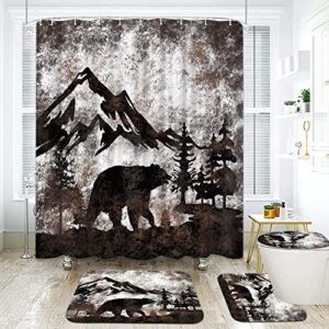 AtGoWac 4 Piece Bear Shower Curtain Sets with Rugs, Bear Bathroom Set Rustic Bear Bath Mat Forest Wild Animal Bear Painting Prints Farmhouse Cabin Shower Curtain Bathroom Decor