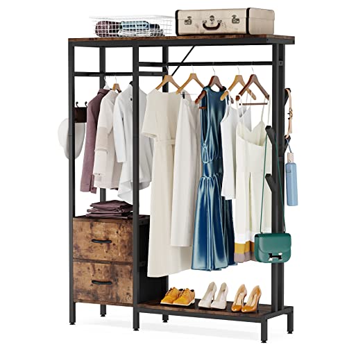 Tribesigns Freestanding Closet Organizer, Clothes Rack with Drawers and Shelves, 6 Hooks, Hanging Rods, Heavy-duty Garment Rack Wardrobe Closet Clothing Storage for Bedroom, Rustic Brown