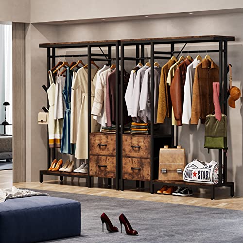 Tribesigns Freestanding Closet Organizer, Clothes Rack with Drawers and Shelves, 6 Hooks, Hanging Rods, Heavy-duty Garment Rack Wardrobe Closet Clothing Storage for Bedroom, Rustic Brown