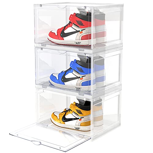 C&AHOME Clear Shoe Box, Clear Shoe Box Storage, Set of 3, Large Size Plastic Shoe Box with Magnetic Door, Shoe Organizer, Box Stackable for Display Sneakers, Fit Up to US Size 14'' Clear UCSBP03C