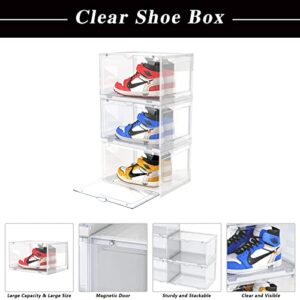 C&AHOME Clear Shoe Box, Clear Shoe Box Storage, Set of 3, Large Size Plastic Shoe Box with Magnetic Door, Shoe Organizer, Box Stackable for Display Sneakers, Fit Up to US Size 14'' Clear UCSBP03C