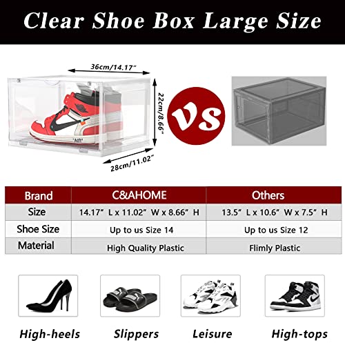 C&AHOME Clear Shoe Box, Clear Shoe Box Storage, Set of 3, Large Size Plastic Shoe Box with Magnetic Door, Shoe Organizer, Box Stackable for Display Sneakers, Fit Up to US Size 14'' Clear UCSBP03C