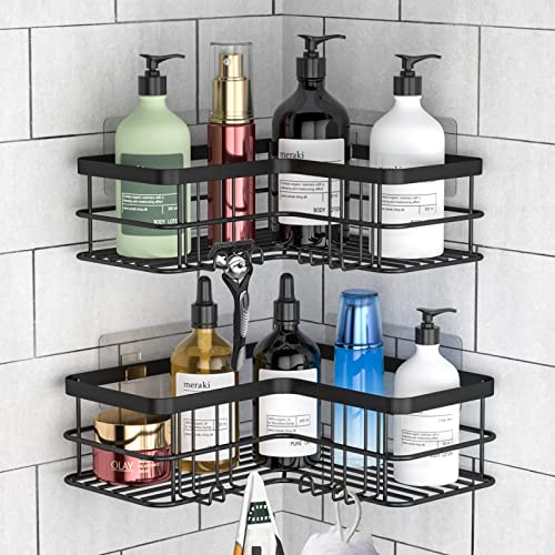 Yazoni Corner Shower Caddy, Adhesive Shower Shelves No Drilling [2-Pack], Rustproof Stainless Steel Bathroom Shower Organizer Wall Mounted with 8 Hooks and 6 Adhesives (Black)