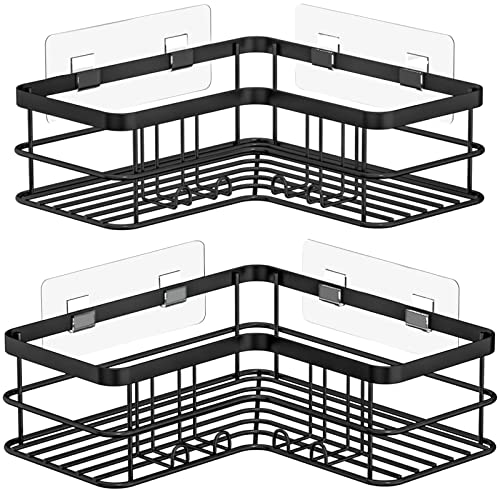 Yazoni Corner Shower Caddy, Adhesive Shower Shelves No Drilling [2-Pack], Rustproof Stainless Steel Bathroom Shower Organizer Wall Mounted with 8 Hooks and 6 Adhesives (Black)