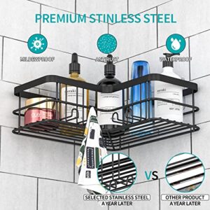 Yazoni Corner Shower Caddy, Adhesive Shower Shelves No Drilling [2-Pack], Rustproof Stainless Steel Bathroom Shower Organizer Wall Mounted with 8 Hooks and 6 Adhesives (Black)