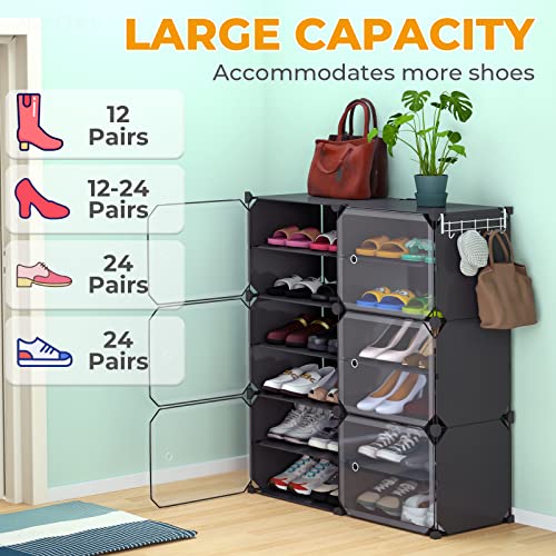 NiHome Shoe Rack Organizer Storage Bin Box - 24 Pairs Closet Shoe Storage with Doors- Stackable Plastic Shoe Storage Box - Free Standing Shoe Rack for Entryway Garage Bedroom