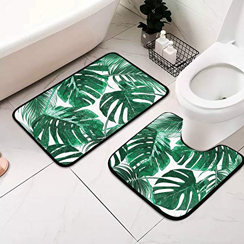 ZOEO Palm Tree Green Tropical Non Slip Bathroom Rugs 2 Piece Bath Mat Sets for Toilet Large Contour Mats U Shaped for Kids Men Women