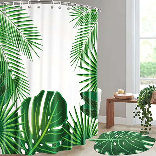 2 Pcs Bathroom Sets with Shower Curtain and Rugs, Bathroom Mat Non-Slip Green Leaf Bath Mat Waterproof Tropical Plants Shower Curtain Set with 12 Hooks Washable Bath Rug Carpet for Boho Home Decor