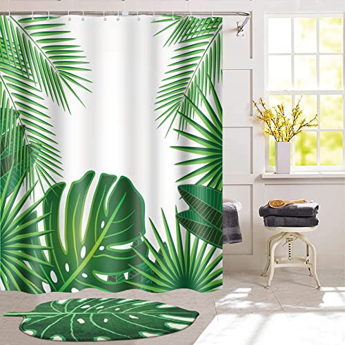 2 Pcs Bathroom Sets with Shower Curtain and Rugs, Bathroom Mat Non-Slip Green Leaf Bath Mat Waterproof Tropical Plants Shower Curtain Set with 12 Hooks Washable Bath Rug Carpet for Boho Home Decor