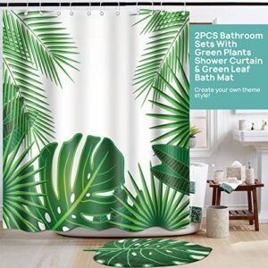 2 Pcs Bathroom Sets with Shower Curtain and Rugs, Bathroom Mat Non-Slip Green Leaf Bath Mat Waterproof Tropical Plants Shower Curtain Set with 12 Hooks Washable Bath Rug Carpet for Boho Home Decor