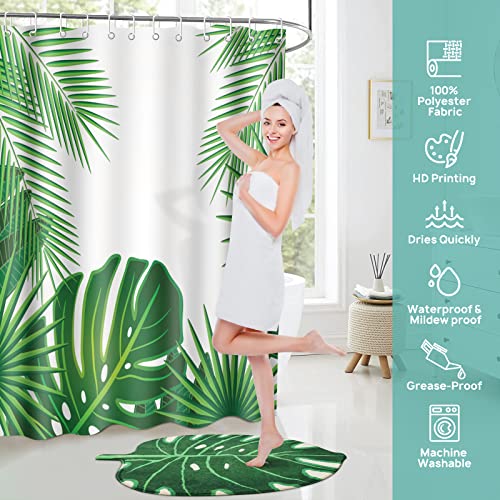 2 Pcs Bathroom Sets with Shower Curtain and Rugs, Bathroom Mat Non-Slip Green Leaf Bath Mat Waterproof Tropical Plants Shower Curtain Set with 12 Hooks Washable Bath Rug Carpet for Boho Home Decor