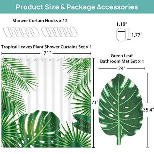 2 Pcs Bathroom Sets with Shower Curtain and Rugs, Bathroom Mat Non-Slip Green Leaf Bath Mat Waterproof Tropical Plants Shower Curtain Set with 12 Hooks Washable Bath Rug Carpet for Boho Home Decor