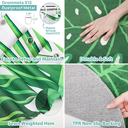 2 Pcs Bathroom Sets with Shower Curtain and Rugs, Bathroom Mat Non-Slip Green Leaf Bath Mat Waterproof Tropical Plants Shower Curtain Set with 12 Hooks Washable Bath Rug Carpet for Boho Home Decor