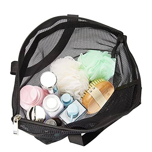 HAOGUAGUA Portable Mesh Shower Caddy, Quick Dry Tote Bag with Zipper and Inner Pocket, Hanging Toiletry Bath Organizer for College Dorms, Gym, Swimming, Beach, Travel (Black)