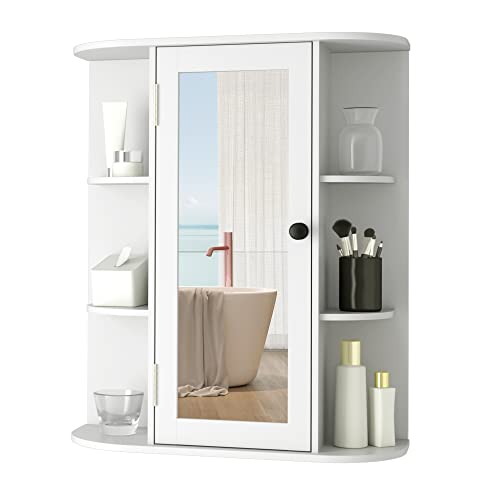 ZenStyle Bathroom Mirror Cabinet Wall Mounted, Single Door White Bathroom Wall Cabinet Medicine Cabinet with Mirror and Adjustable Inner Shelves for Bathroom, Living Room