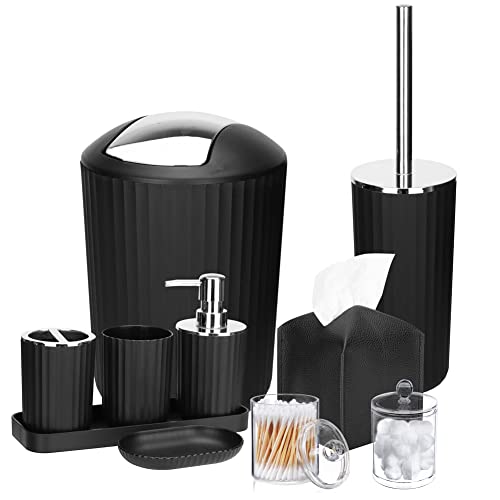 Black Bathroom Accessories Set, 10 Pcs Plastic Bathroom Accessory Set with Trash Can,Toilet Brush Holder,Soap Dispenser,Soap Dish,Toothbrush Holder and Cup,Tray,Qtip Holder,Tissue Box Cover