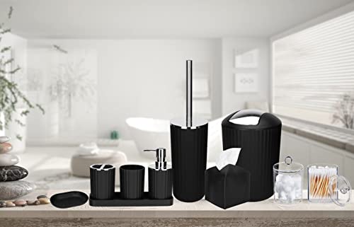 Black Bathroom Accessories Set, 10 Pcs Plastic Bathroom Accessory Set with Trash Can,Toilet Brush Holder,Soap Dispenser,Soap Dish,Toothbrush Holder and Cup,Tray,Qtip Holder,Tissue Box Cover