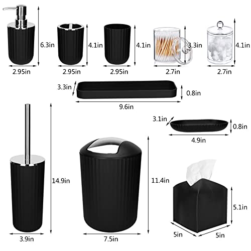 Black Bathroom Accessories Set, 10 Pcs Plastic Bathroom Accessory Set with Trash Can,Toilet Brush Holder,Soap Dispenser,Soap Dish,Toothbrush Holder and Cup,Tray,Qtip Holder,Tissue Box Cover