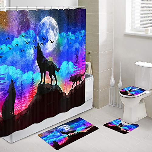 DYNH Fantasy Wolf Bathroom Sets with Shower Curtain and Rugs and Accessories, Wolves on The Mountain and Full Moon and Forest Psychedelic Shower Curtain Sets with Rugs, Toilet Lid Cover and Bath Mat