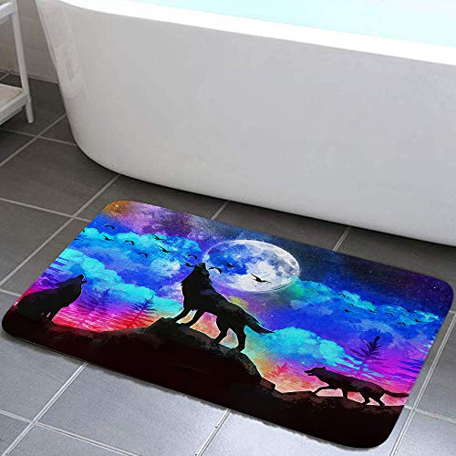 DYNH Fantasy Wolf Bathroom Sets with Shower Curtain and Rugs and Accessories, Wolves on The Mountain and Full Moon and Forest Psychedelic Shower Curtain Sets with Rugs, Toilet Lid Cover and Bath Mat