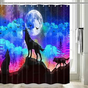 DYNH Fantasy Wolf Bathroom Sets with Shower Curtain and Rugs and Accessories, Wolves on The Mountain and Full Moon and Forest Psychedelic Shower Curtain Sets with Rugs, Toilet Lid Cover and Bath Mat