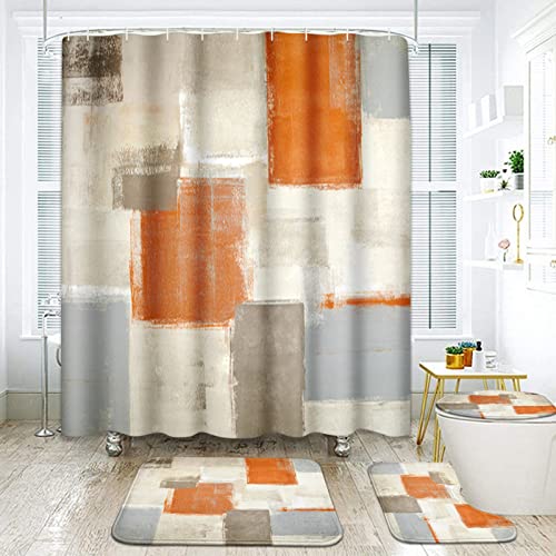 4 Pcs Shower Curtain Set,Beige and Orange Abstract Art Shower Curtain with Non-Slip Rugs,Toilet Lid Cover and Bath Mat, Bathroom Sets Decorations 72" x 72"