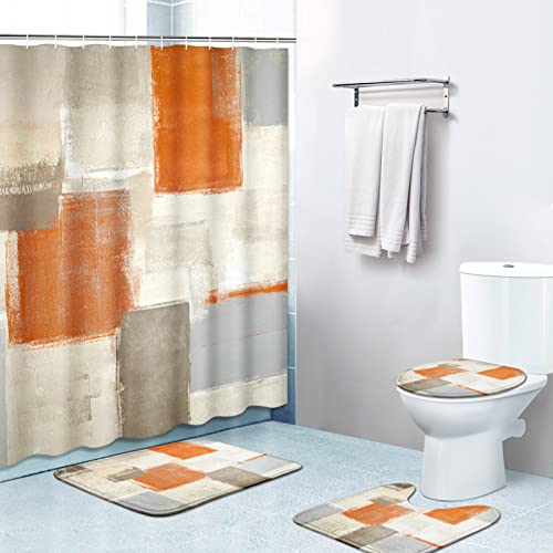 4 Pcs Shower Curtain Set,Beige and Orange Abstract Art Shower Curtain with Non-Slip Rugs,Toilet Lid Cover and Bath Mat, Bathroom Sets Decorations 72" x 72"