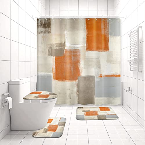 4 Pcs Shower Curtain Set,Beige and Orange Abstract Art Shower Curtain with Non-Slip Rugs,Toilet Lid Cover and Bath Mat, Bathroom Sets Decorations 72" x 72"