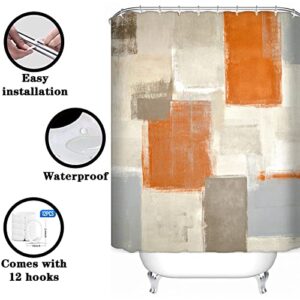 4 Pcs Shower Curtain Set,Beige and Orange Abstract Art Shower Curtain with Non-Slip Rugs,Toilet Lid Cover and Bath Mat, Bathroom Sets Decorations 72" x 72"