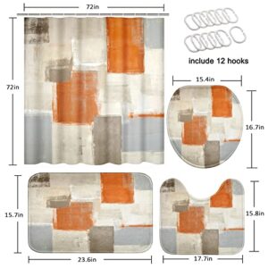 4 Pcs Shower Curtain Set,Beige and Orange Abstract Art Shower Curtain with Non-Slip Rugs,Toilet Lid Cover and Bath Mat, Bathroom Sets Decorations 72" x 72"