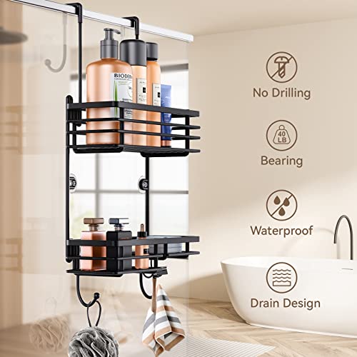 Gaseawolf Shower Caddy Over Shower Door, Shower Hanging Organizer, No Drilling Over the Door Shower Storage Caddy with 2-Tier Rack and Hooks, Holds Body Wash, Shampoo, Soap, Razor, Towel