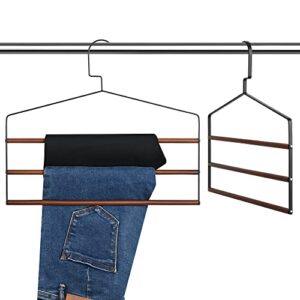 kleverise 2 pack wooden pants hangers - 3 tiers space saving non-slip multi-layer wood pants hangers - space saver hangers for pants jeans scarf trouser tie towel clothes black