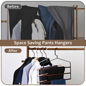 KLEVERISE 2 Pack Wooden Pants Hangers - 3 Tiers Space Saving Non-Slip Multi-Layer Wood Pants Hangers - Space Saver Hangers for Pants Jeans Scarf Trouser Tie Towel Clothes Black