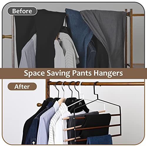 KLEVERISE 2 Pack Wooden Pants Hangers - 3 Tiers Space Saving Non-Slip Multi-Layer Wood Pants Hangers - Space Saver Hangers for Pants Jeans Scarf Trouser Tie Towel Clothes Black