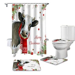 Greeeen 4 Piece Shower Curtain Sets with Non-Slip Rugs, Toilet Lid Cover and Bath Mat, USA Country Style Merry Christmas Milk Cow Xmas Berrt Shower Curtain with 12 Hooks, Durable and Waterproof