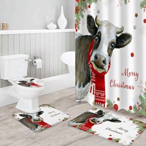 Greeeen 4 Piece Shower Curtain Sets with Non-Slip Rugs, Toilet Lid Cover and Bath Mat, USA Country Style Merry Christmas Milk Cow Xmas Berrt Shower Curtain with 12 Hooks, Durable and Waterproof