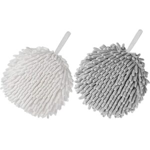 liuvtilb fuzzy ball towels,2 pack hanging bathroom hand towels super fluffy chenille ball towels, high absorbent hand towels to dry your hand instantly (gray + white)