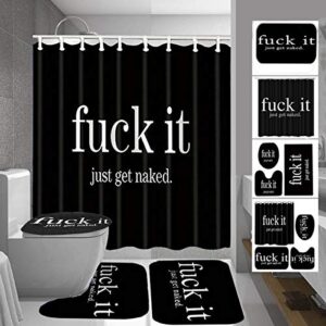 fashion_man get naked black shower curtain waterproof fabric cloth polyester bath curtain, anti-slip floor mat toilet lid cover toilet rugs bath mat, cool modern bathroom decor, full set (4pcs)