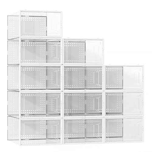 Shoe Storage Boxes Clear Plastic Stackable,12 Pack Modular Shoe Organizer for Closet, Shoe Containers Case Display for Sneaker Storage, White