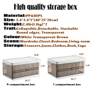 AARAINBOW Stackable Plastic Storage Bins with lids 2 Pc, Foldable Closet Clothes Organizer with Handle Wardrobe Jeans Storage Box, Clear Drawer Organizers for Cloth Toy, 18L (7+9 Grids, Clear Tawny)