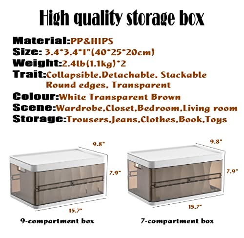 AARAINBOW Stackable Plastic Storage Bins with lids 2 Pc, Foldable Closet Clothes Organizer with Handle Wardrobe Jeans Storage Box, Clear Drawer Organizers for Cloth Toy, 18L (7+9 Grids, Clear Tawny)