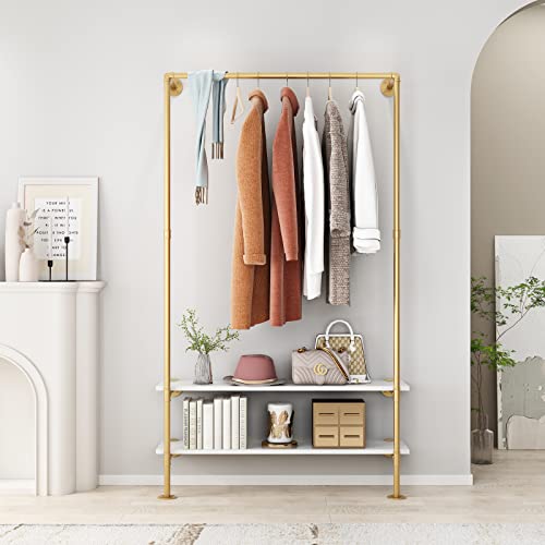 HOMEKAYT Industrial Pipe Clothing Rack Wall Mounted Garment Rack with Wooden Shelves Vintage Hanging Rack for Bedroom, Living room-gold