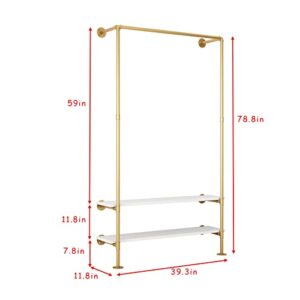 HOMEKAYT Industrial Pipe Clothing Rack Wall Mounted Garment Rack with Wooden Shelves Vintage Hanging Rack for Bedroom, Living room-gold