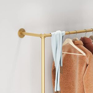 HOMEKAYT Industrial Pipe Clothing Rack Wall Mounted Garment Rack with Wooden Shelves Vintage Hanging Rack for Bedroom, Living room-gold