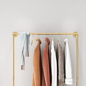 HOMEKAYT Industrial Pipe Clothing Rack Wall Mounted Garment Rack with Wooden Shelves Vintage Hanging Rack for Bedroom, Living room-gold