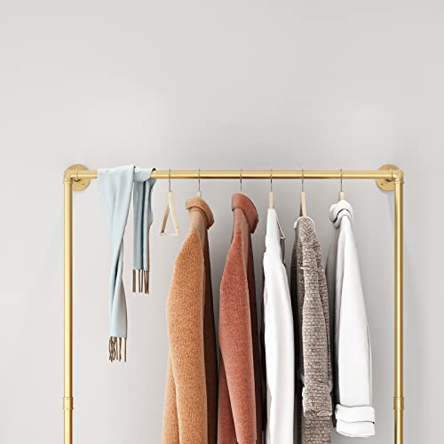 HOMEKAYT Industrial Pipe Clothing Rack Wall Mounted Garment Rack with Wooden Shelves Vintage Hanging Rack for Bedroom, Living room-gold